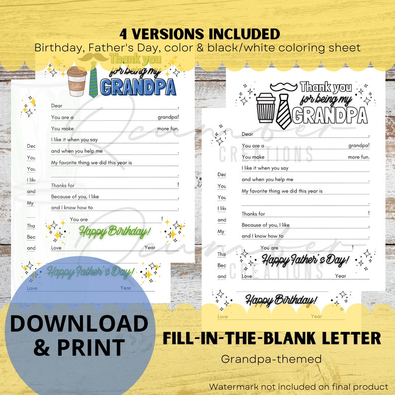 Grandpa Appreciation Letter | Fill in the Blank Template | Full Color ...