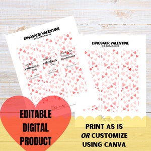 Dinosaur Valentine Bookmarks Printable Ready to Print or Editable With ...
