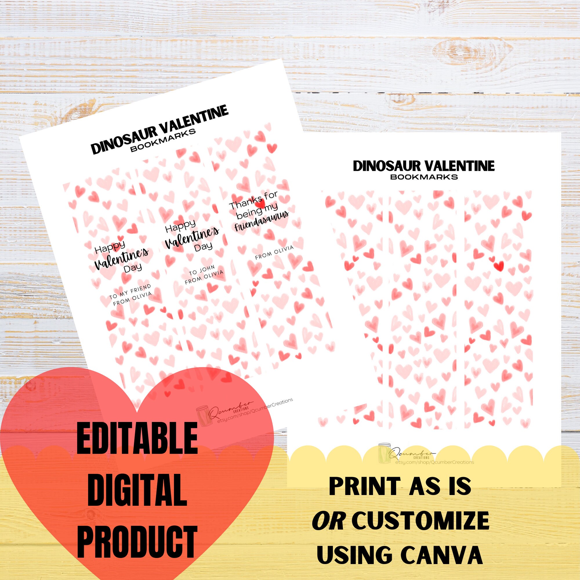 Dinosaur Valentine Bookmarks Printable Ready to Print or Editable With ...