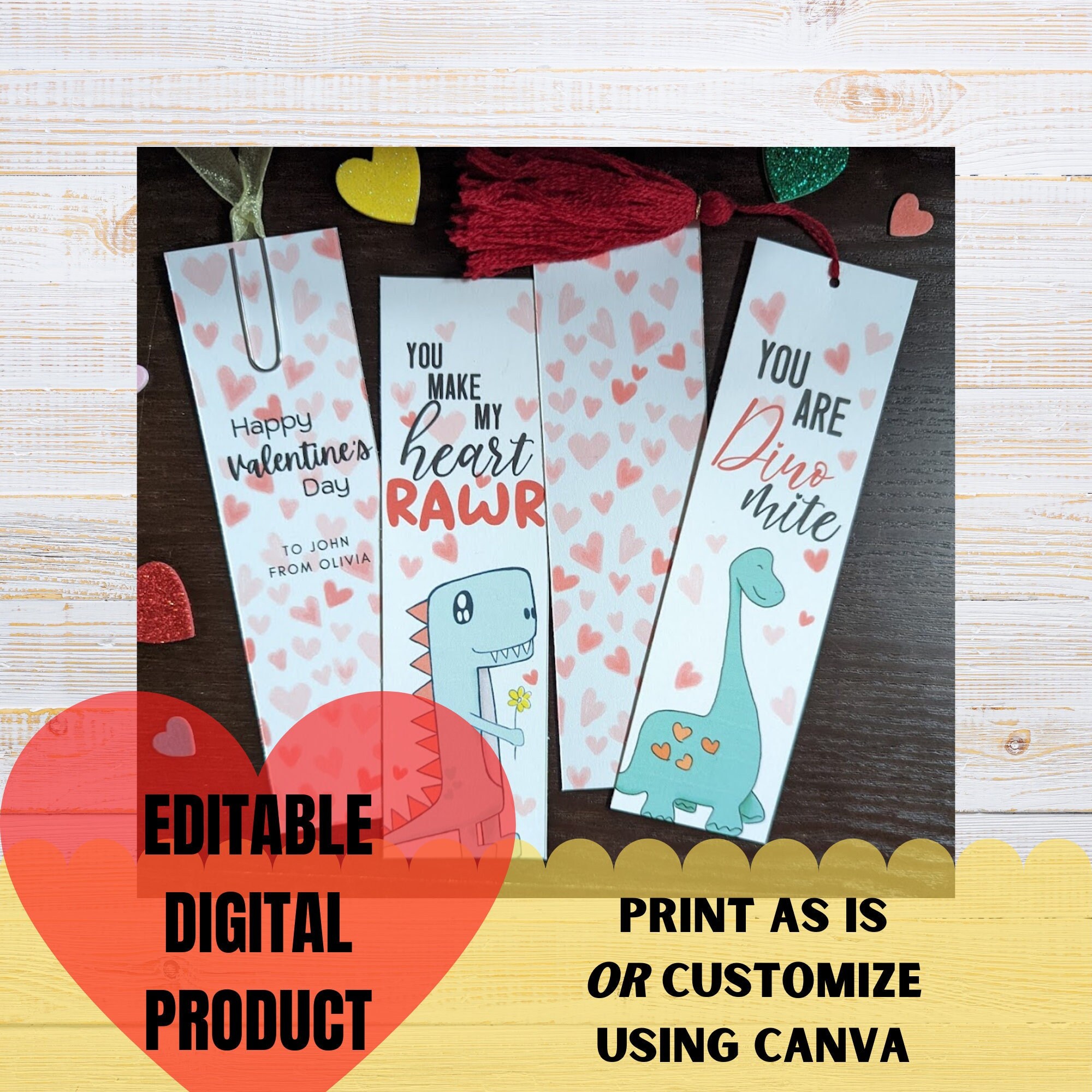 Dinosaur Valentine Bookmarks Printable Ready to Print or Editable With ...
