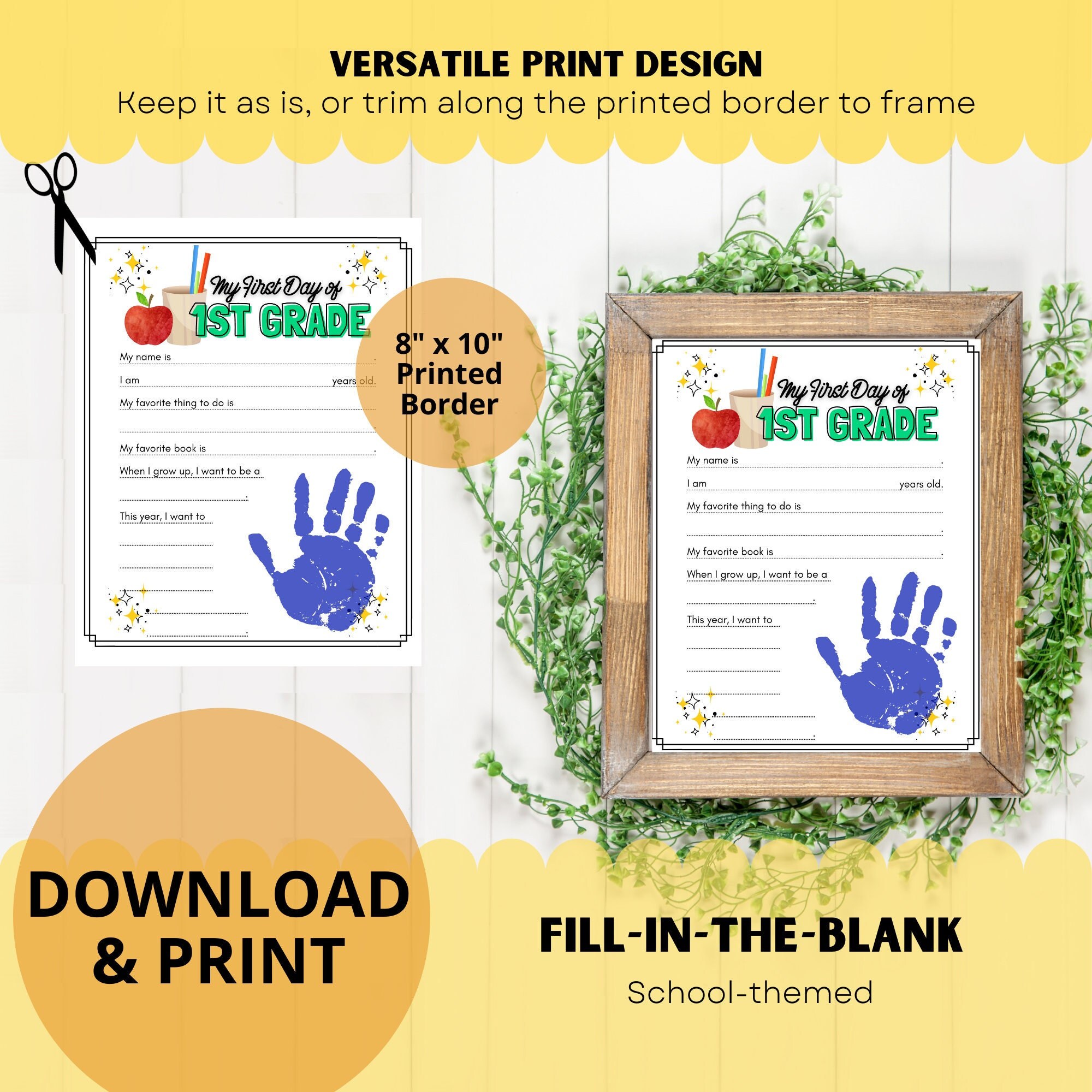 First Day of 1st Grade | Fill in the Blank Template and Handprint Craft ...