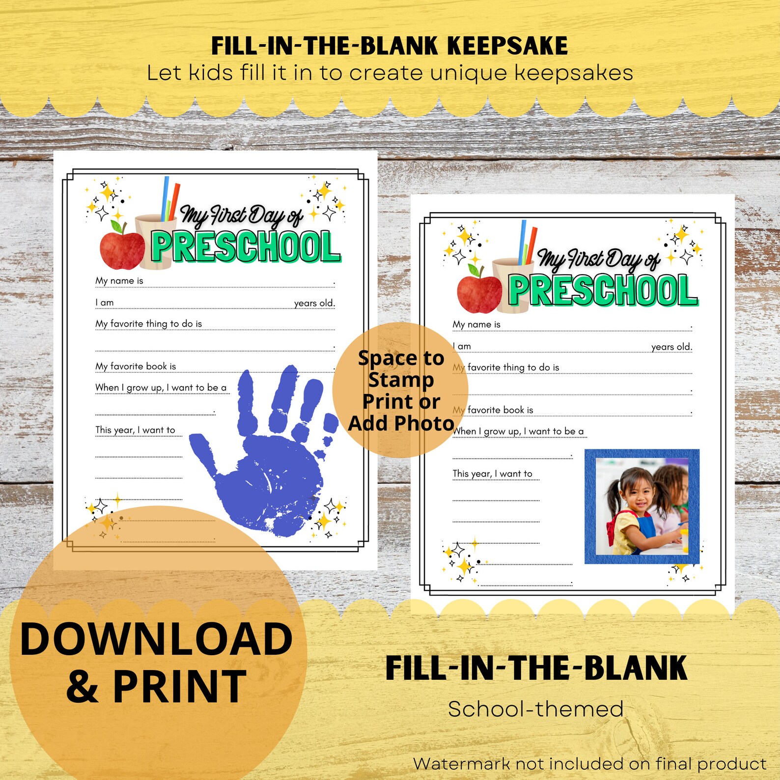 First Day of Preschool Fill in the Blank Template and - Etsy