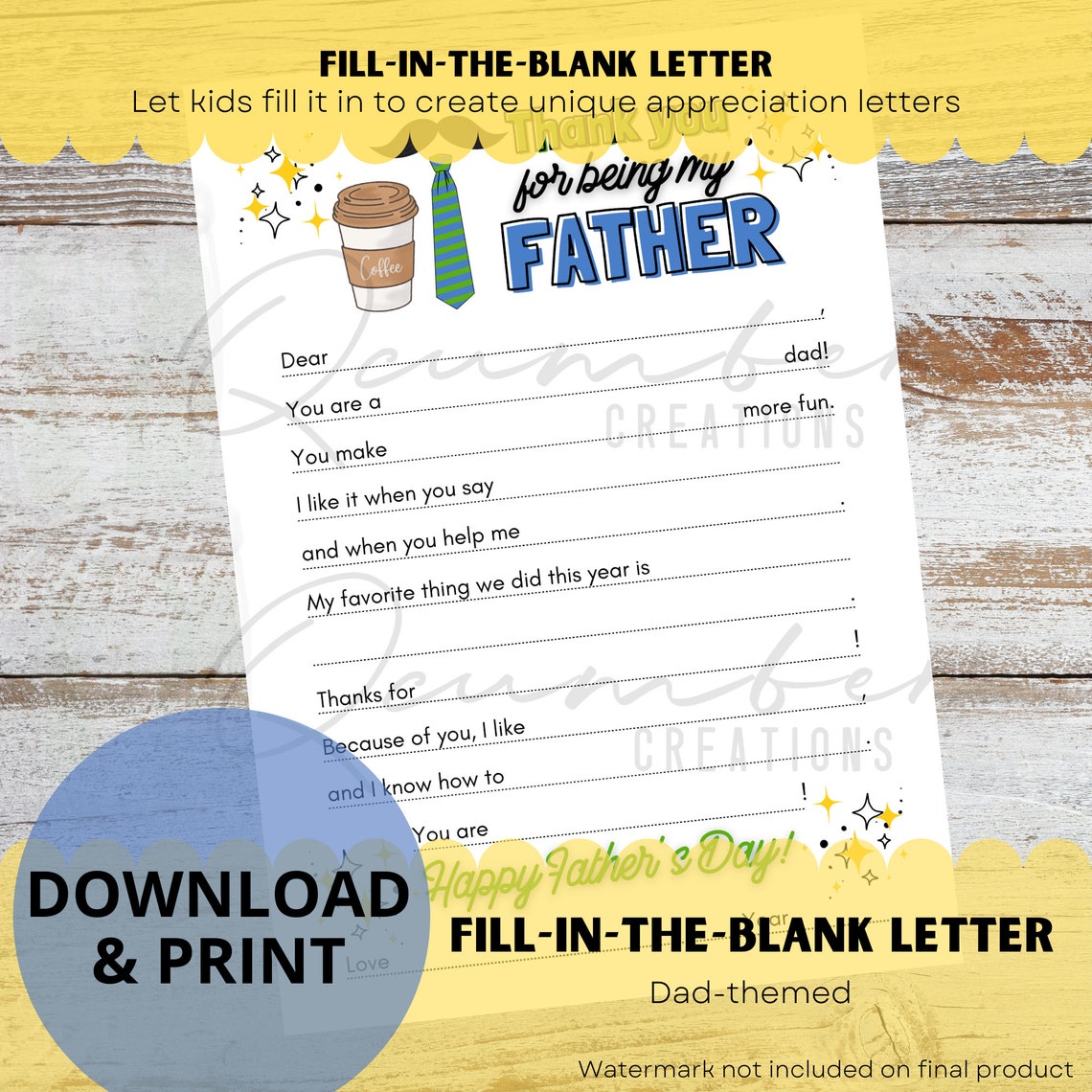 Dad Appreciation Letter Fill in the Blank Template Full Color ...