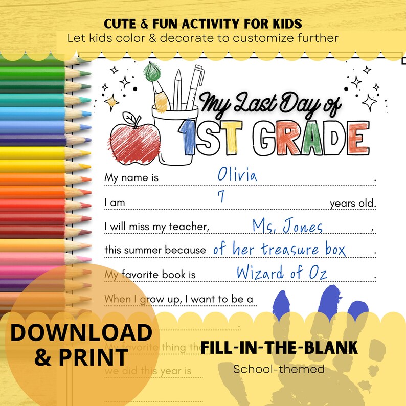 Last Day of 1st Grade Fill in the Blank Template and Handprint Craft ...