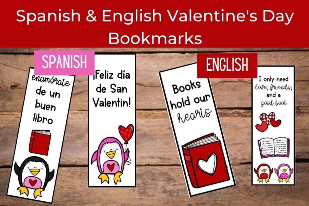 Valentine's Day Bookmarks for Kids, School, Cute, Spanish English ...