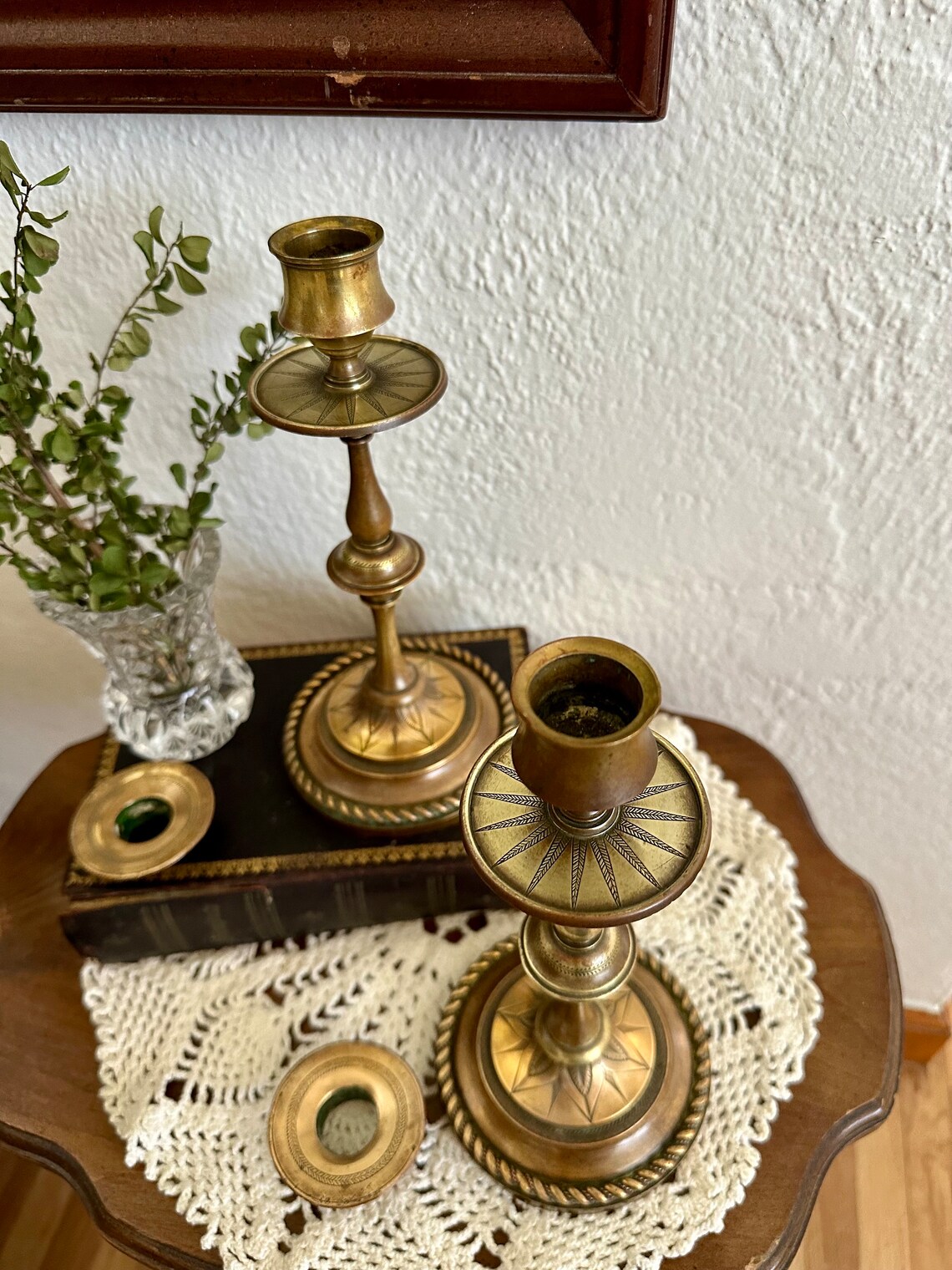 Pair Vintage Etched Brass Taper Candlestick Holders, Brass Candlestick ...