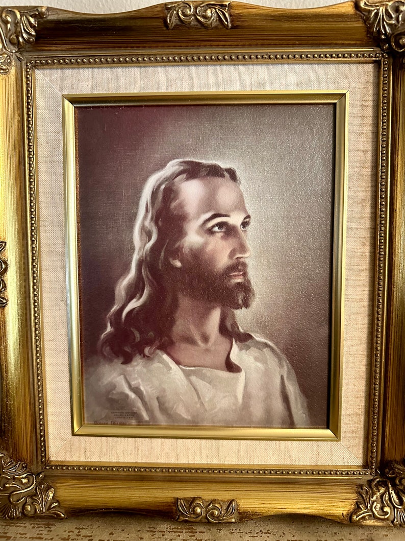Ornate Gold Frame Jesus Portrait, Warner Sallman Reproduction Head of ...