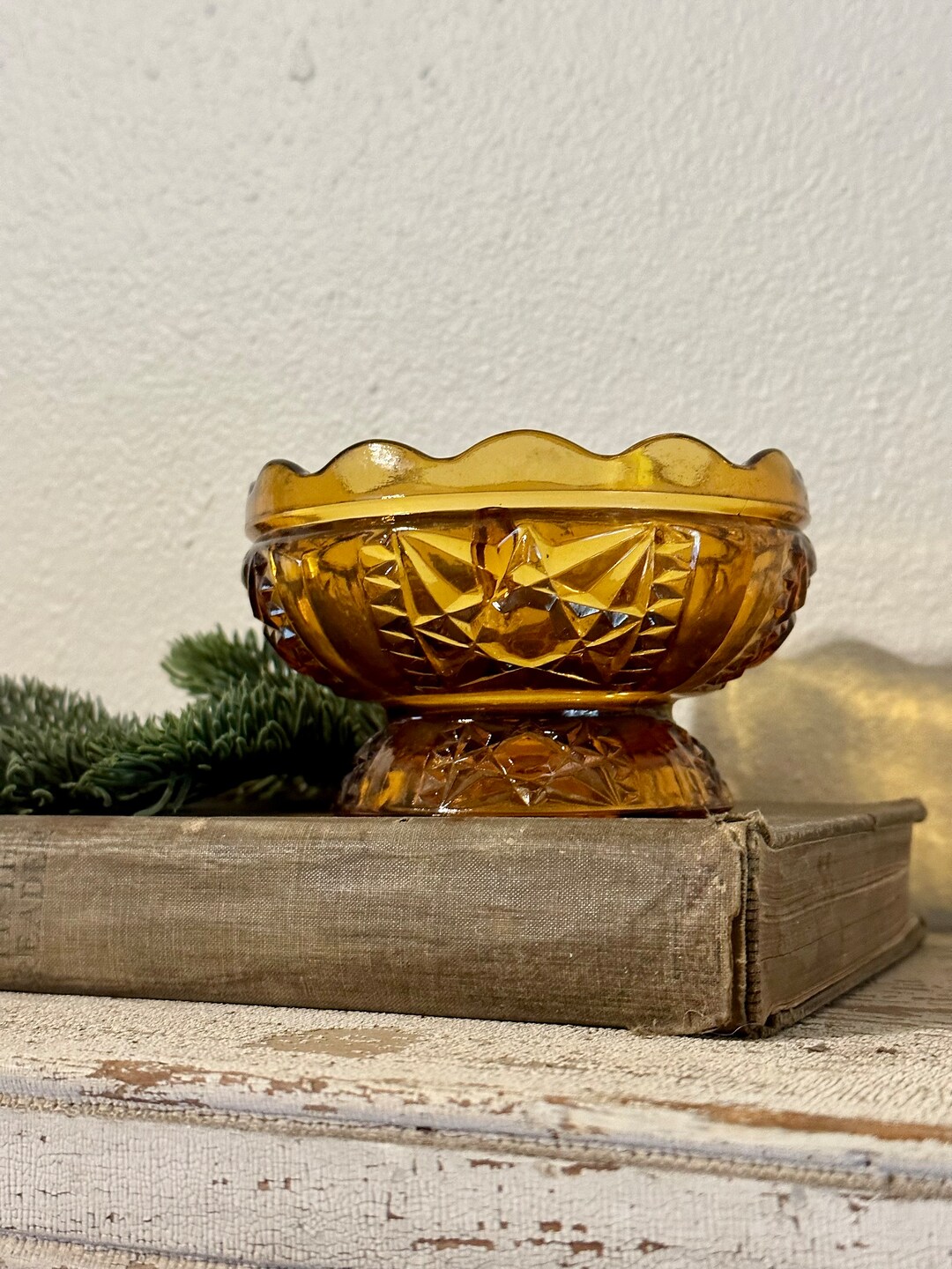 Vintage Amber Glass Footed Candy Bowl, Small Glass Bowl, Amber Cut ...