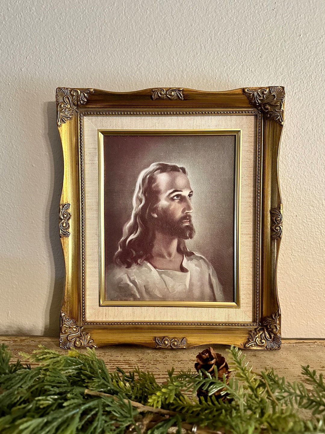 Ornate Gold Frame Jesus Portrait, Warner Sallman Reproduction Head of ...