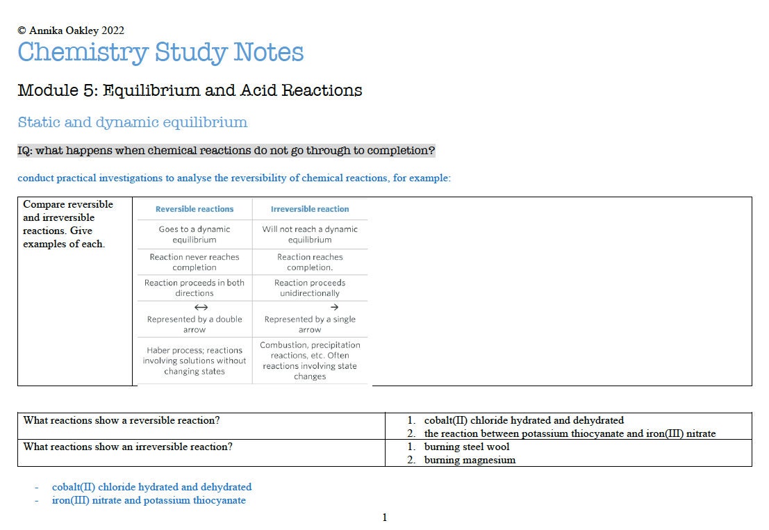 HSC Chemistry Notes | Module 5: Equilibrium and Acid Reactions | Year ...