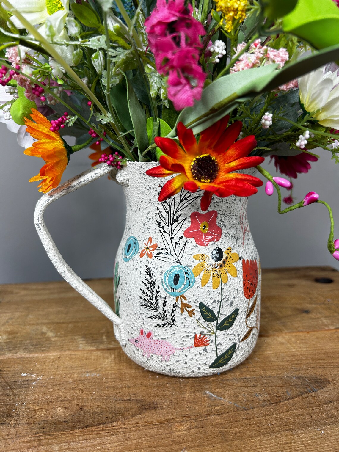Charming Hand-painted Pitcher With Wildflower Arrangement, Whimsical ...