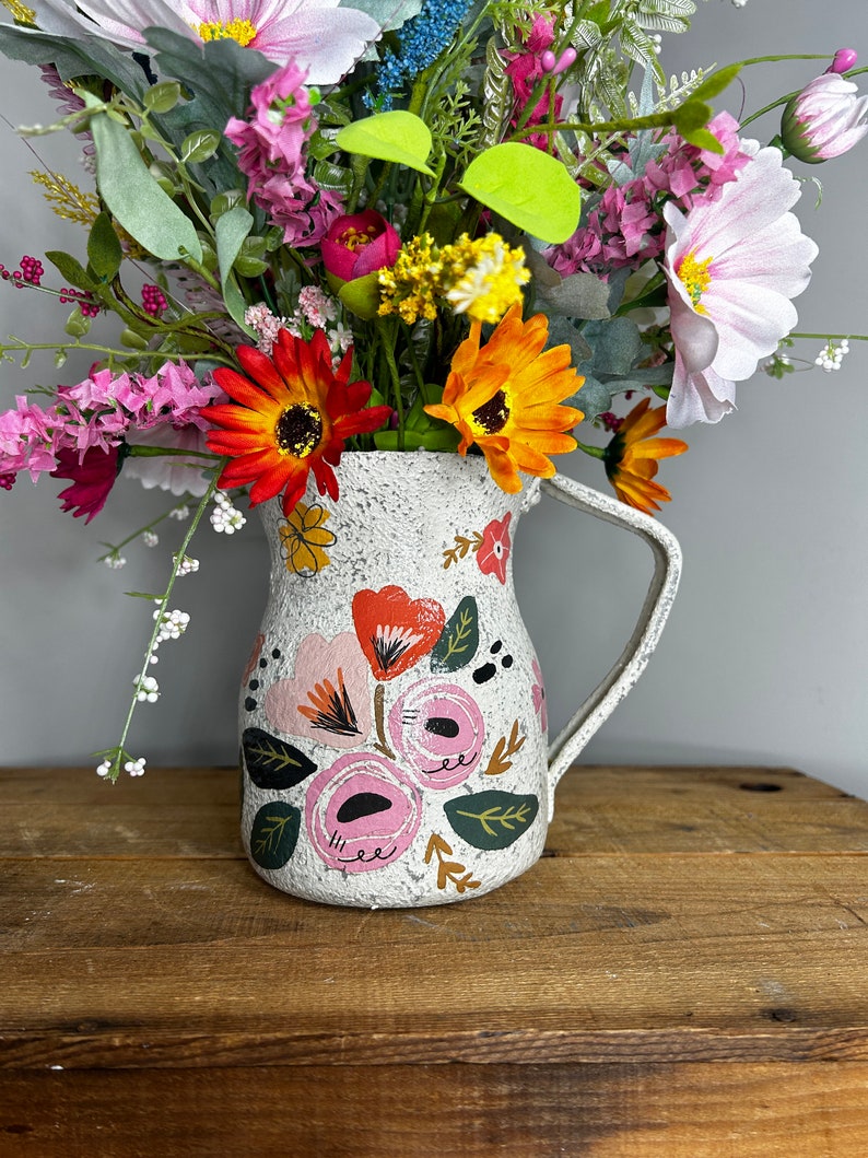Charming Hand-painted Pitcher With Wildflower Arrangement, Whimsical ...