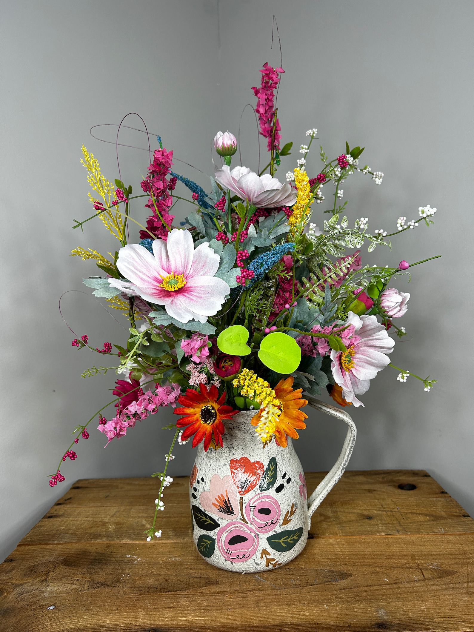 Charming Hand-painted Pitcher With Wildflower Arrangement, Whimsical ...