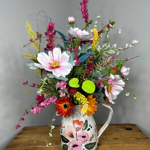 Charming Hand-painted Pitcher With Wildflower Arrangement, Whimsical ...