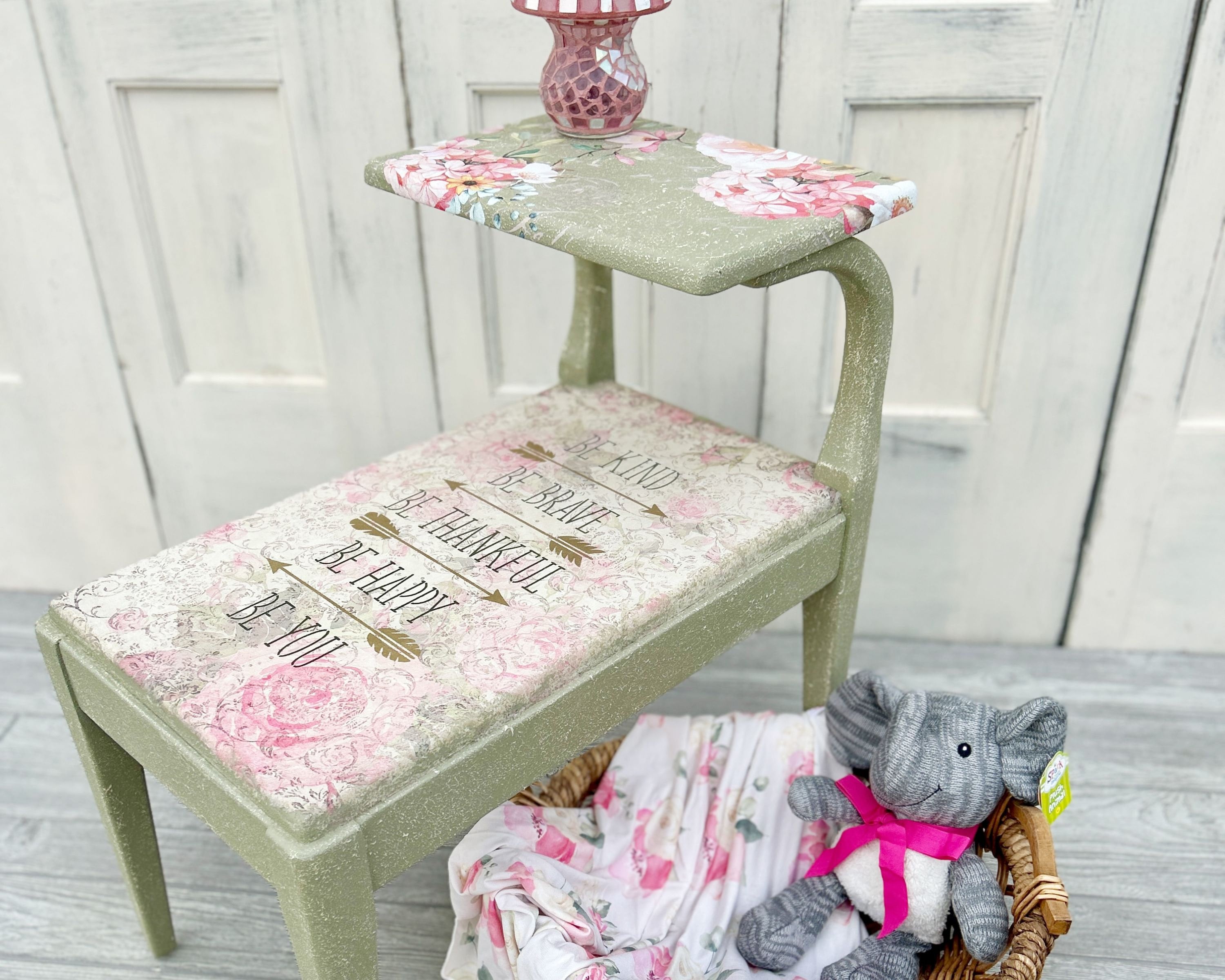 Vintage Pink Nursery Side Table, Floral Pink Toile End Table, Vintage ...
