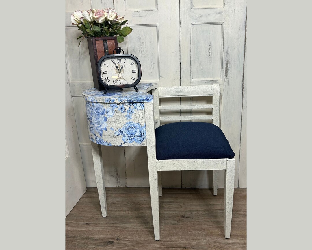 Vintage Gossip Bench, Phone Table With Seat, Floral French Country Blue ...