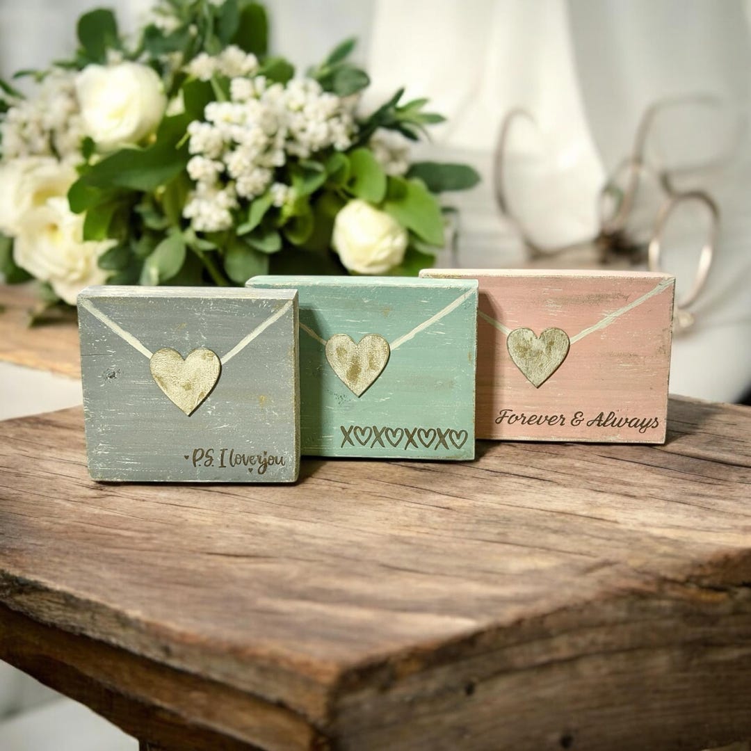 Rustic Love Letter Wood Blocks, Valentine's Decor, Handmade Envelope ...