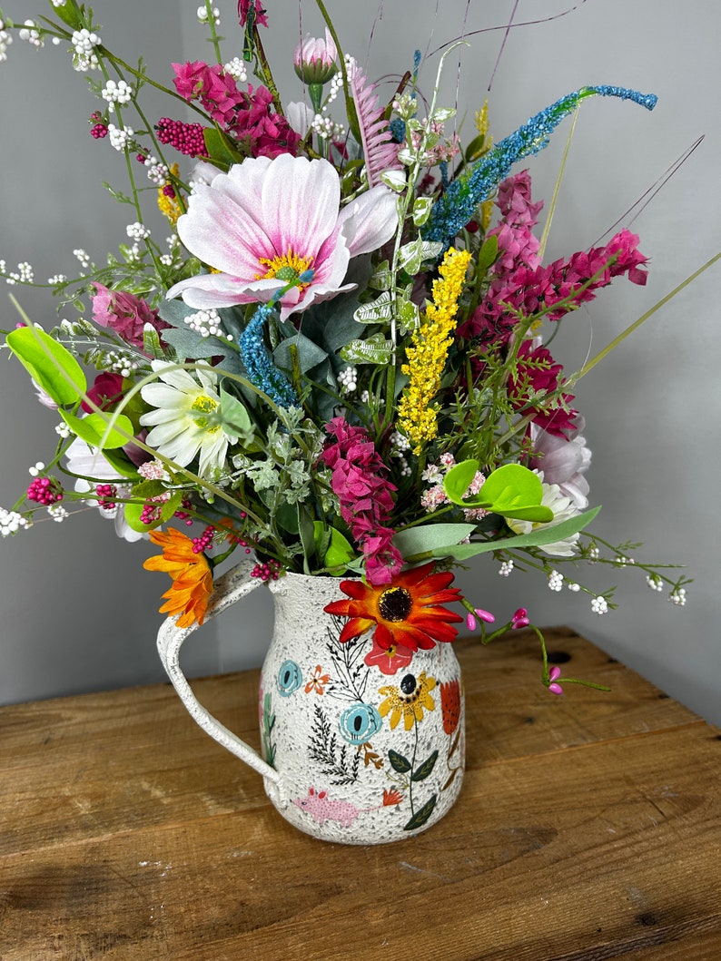 Charming Hand-painted Pitcher With Wildflower Arrangement, Whimsical ...