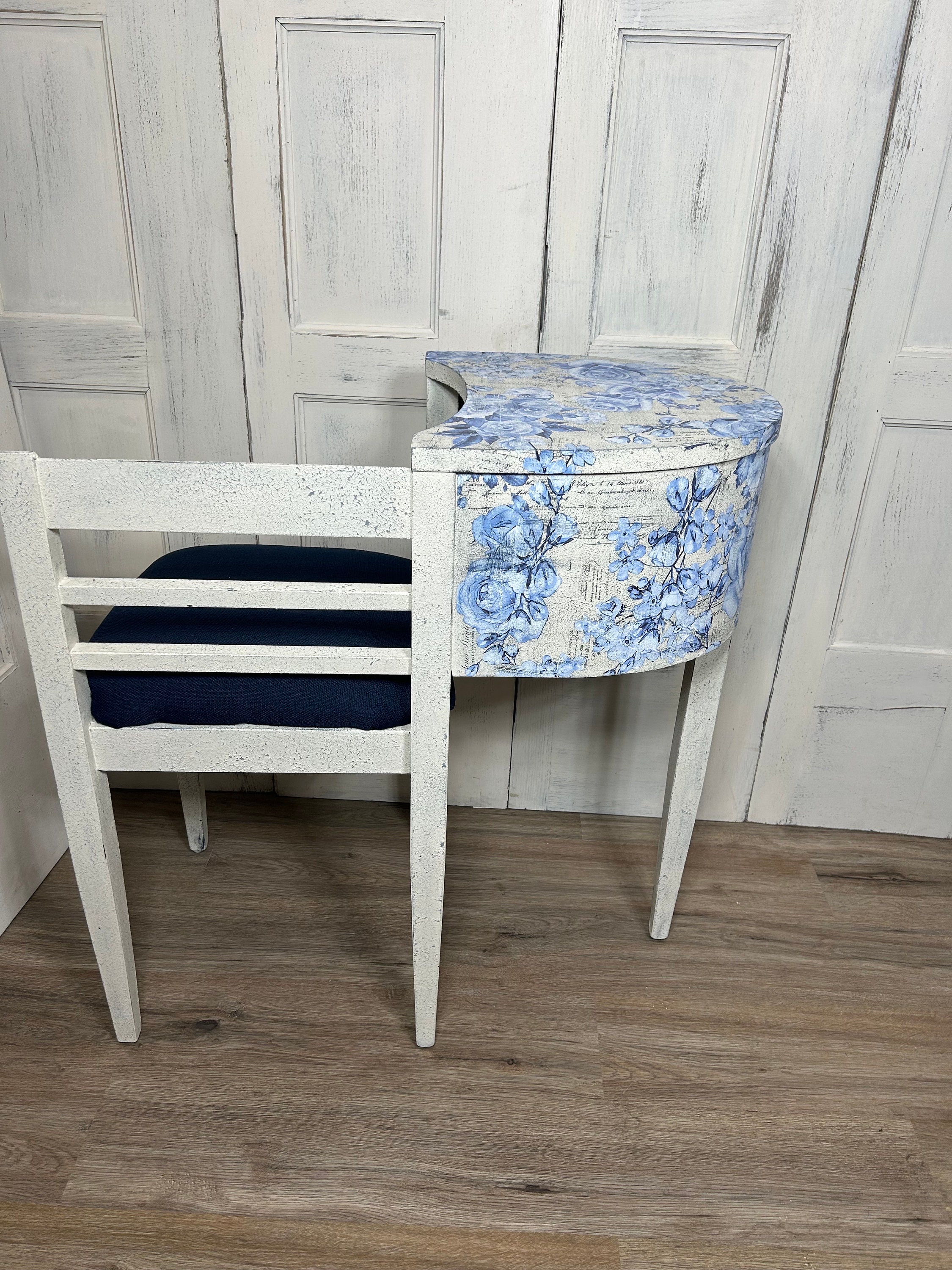 Vintage Gossip Bench, Phone Table With Seat, Floral French Country Blue ...