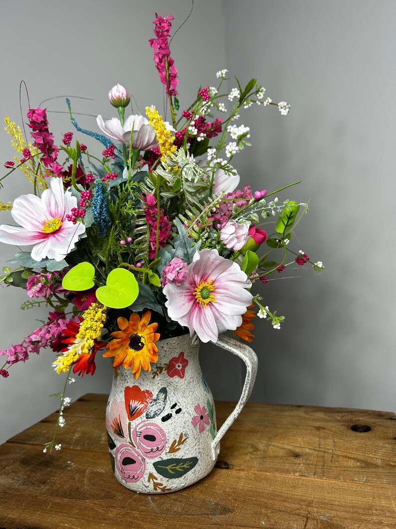 Charming Hand-painted Pitcher With Wildflower Arrangement, Whimsical ...