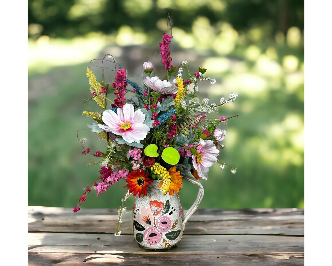 Charming Hand-painted Pitcher With Wildflower Arrangement, Whimsical ...