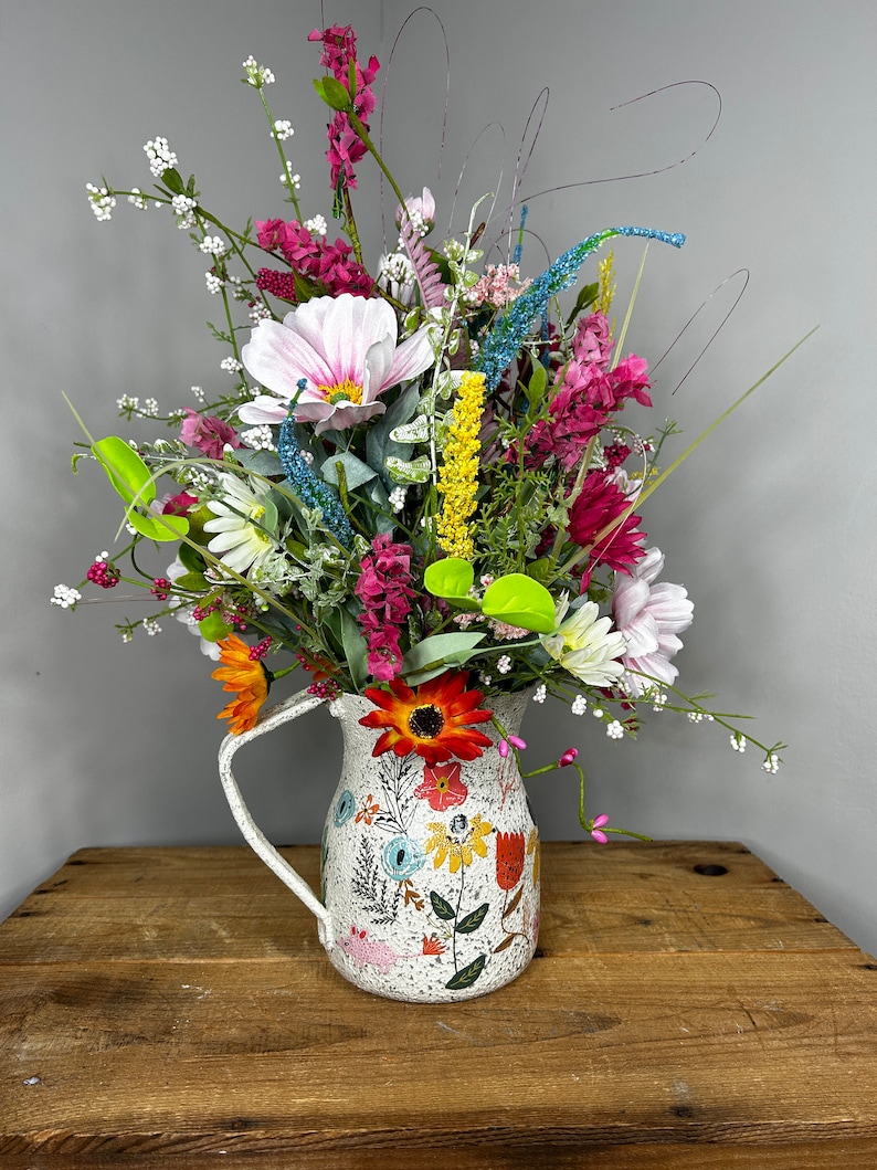 Charming Hand-painted Pitcher With Wildflower Arrangement, Whimsical ...