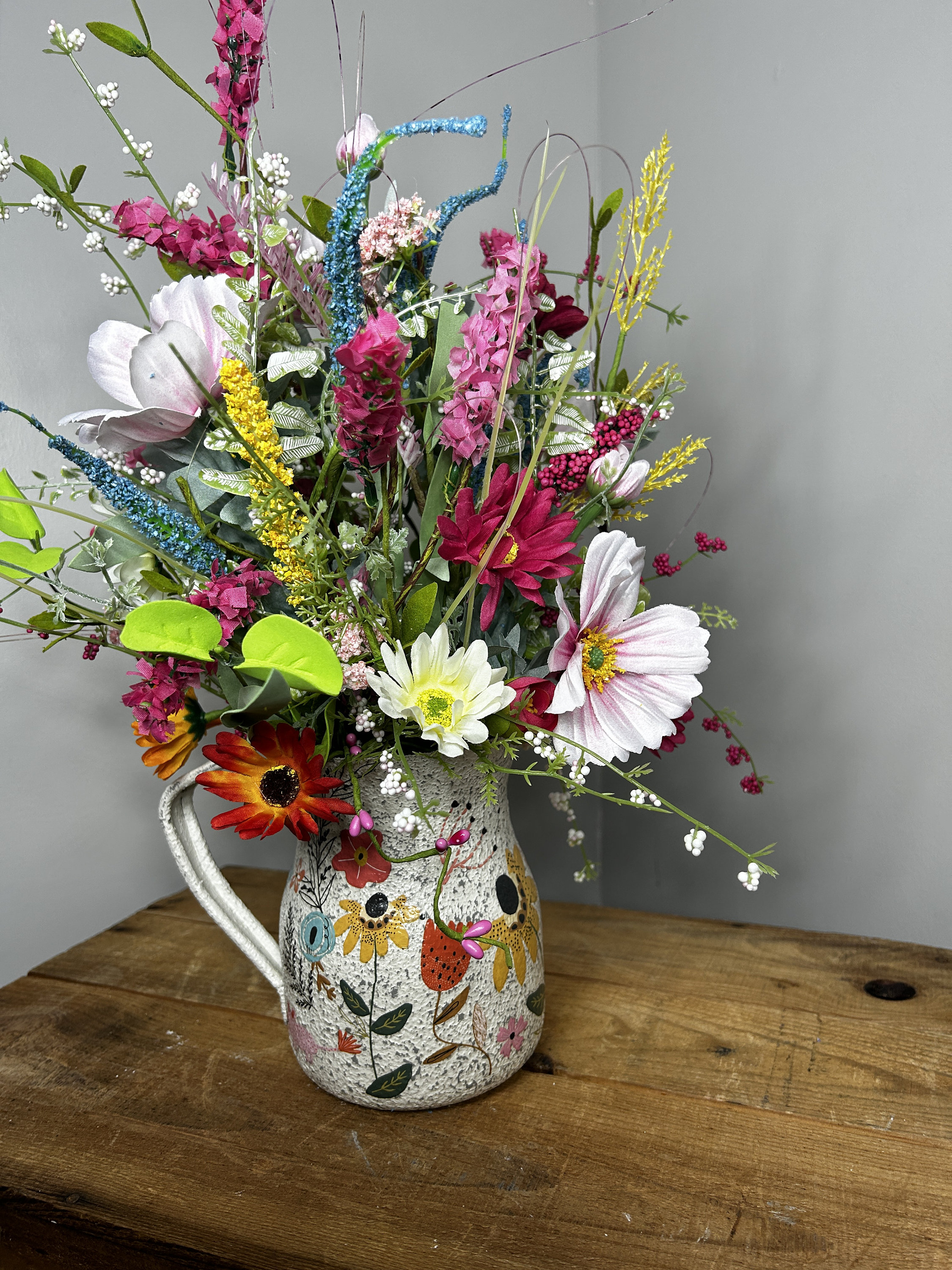 Charming Hand-painted Pitcher With Wildflower Arrangement, Whimsical ...