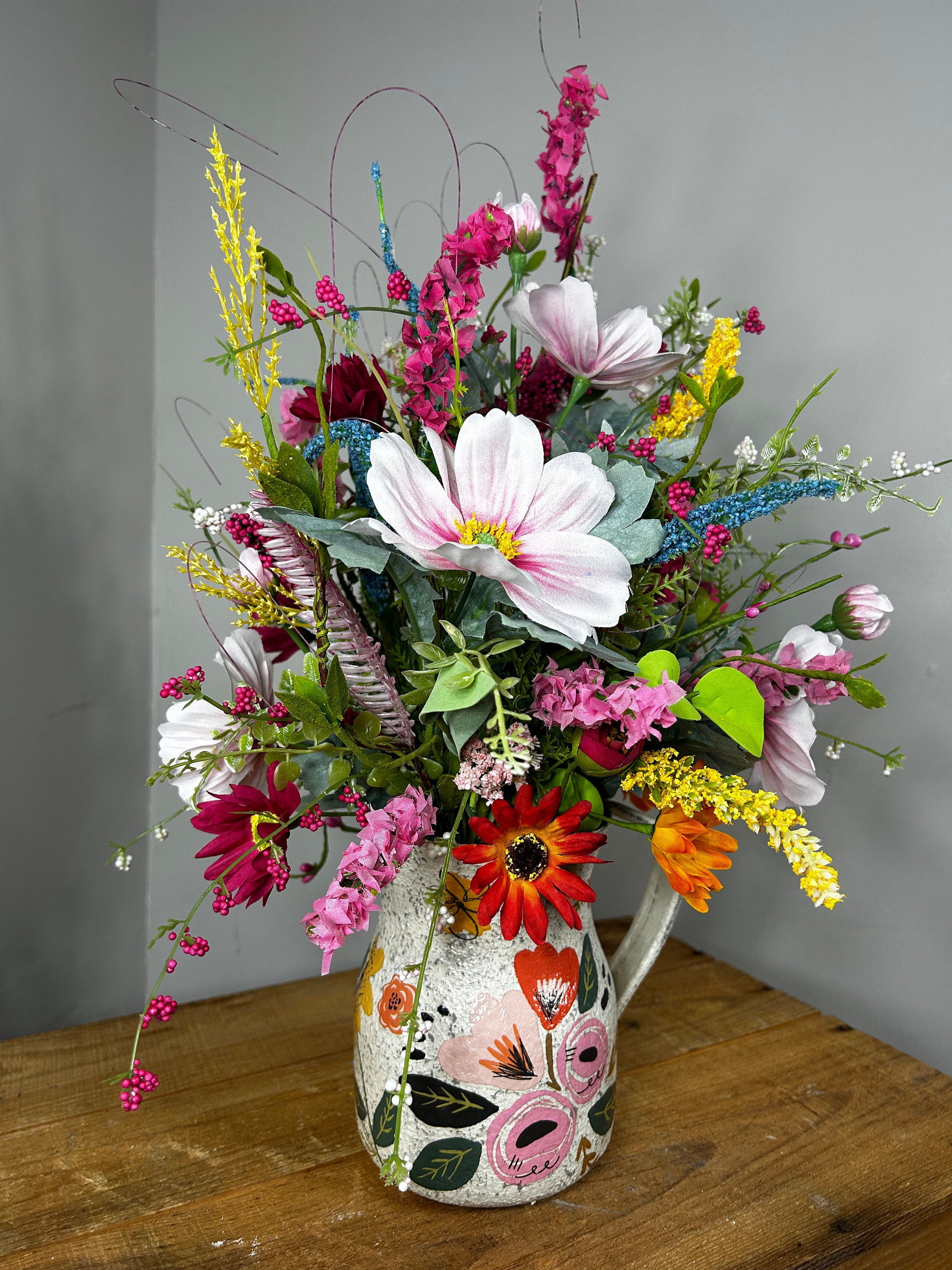 Charming Hand-painted Pitcher With Wildflower Arrangement, Whimsical ...