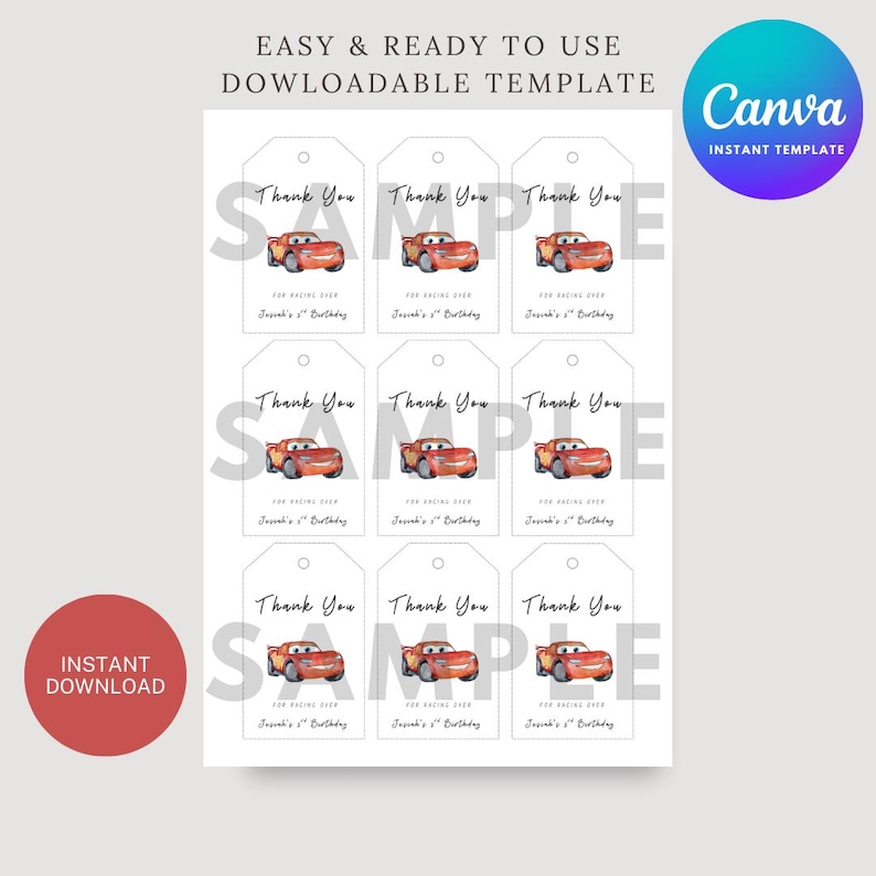 Lightning Mcqueen Birthday Thank You Tag: Radiator Springs Editable ...
