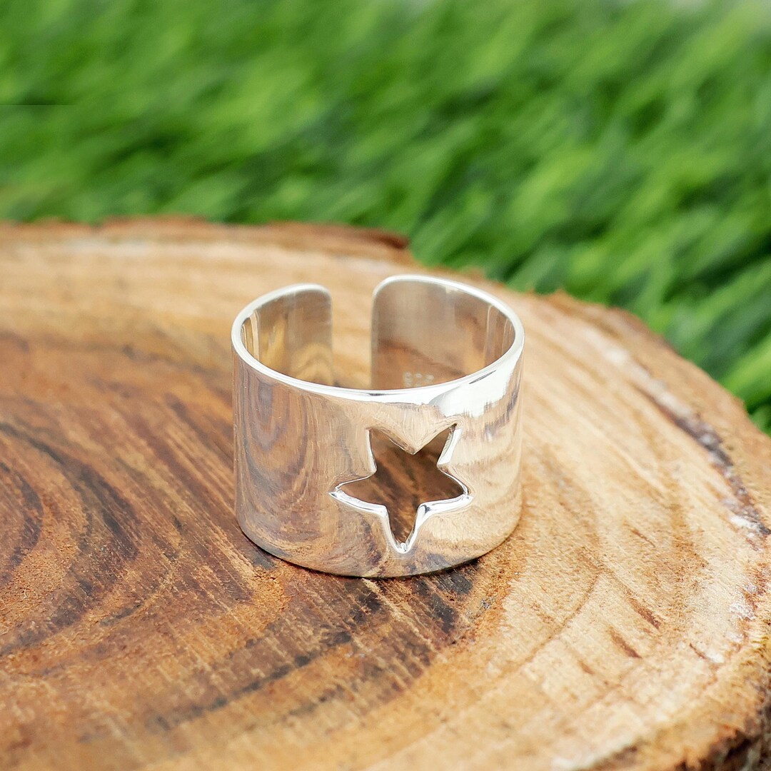 Star Wide Band Ring, 14 Mm Wide Band Ring, 925 Sterling Silver Ring, Geometric Ring, Open Band ...