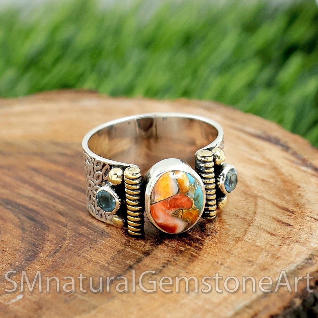 Two-tone Oyster Copper Turquoise & Blue Topaz Ring: Sterling Silver ...