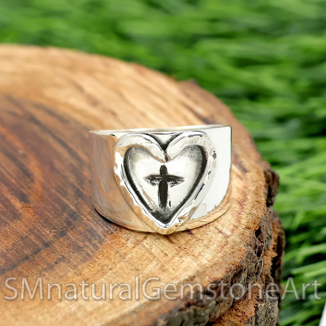 Heart & Cross Ring, Rustic Heart Cross Ring, 925 Sterling Silver Ring ...