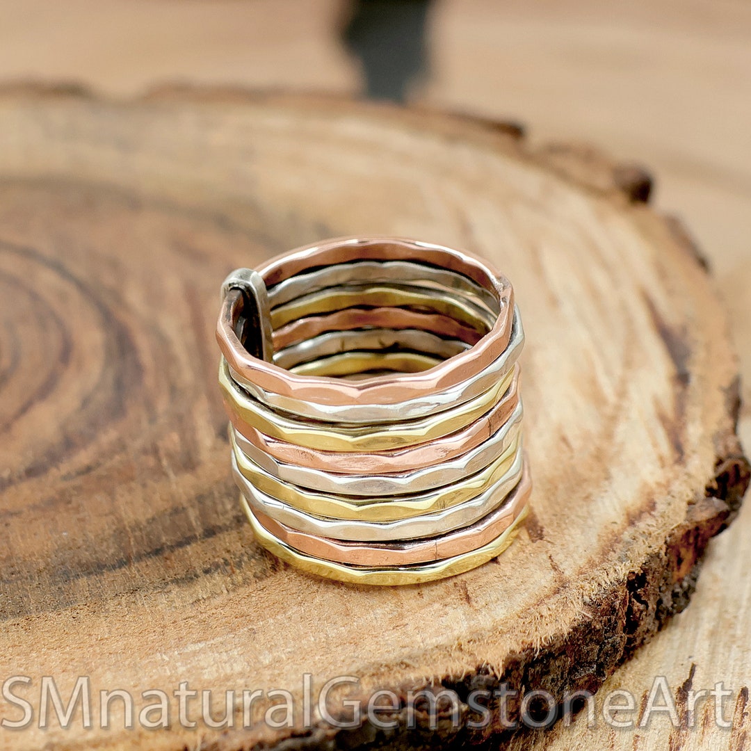 Two Tone Stacking Ring, 17 Mm Wide Band Ring, Hammered Stacking Ring ...