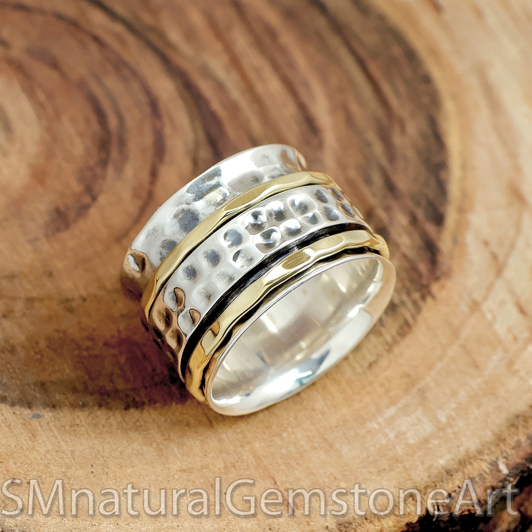 Hammered Spinner Ring, Two Tone Spinner Ring, 15 Mm Wide Band Ring, 925 ...