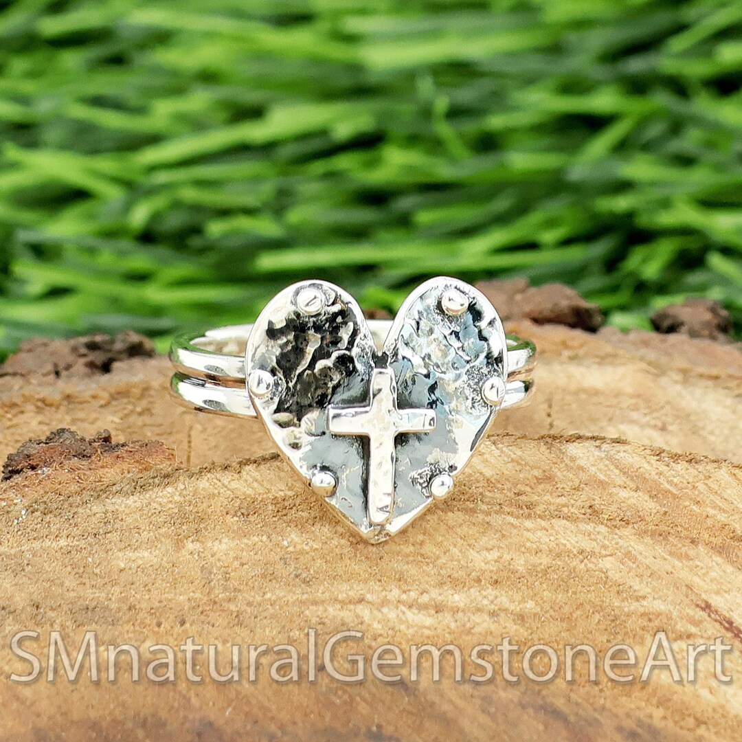 Heart & Cross Ring, Rustic Heart Cross Ring, 925 Sterling Silver Ring ...