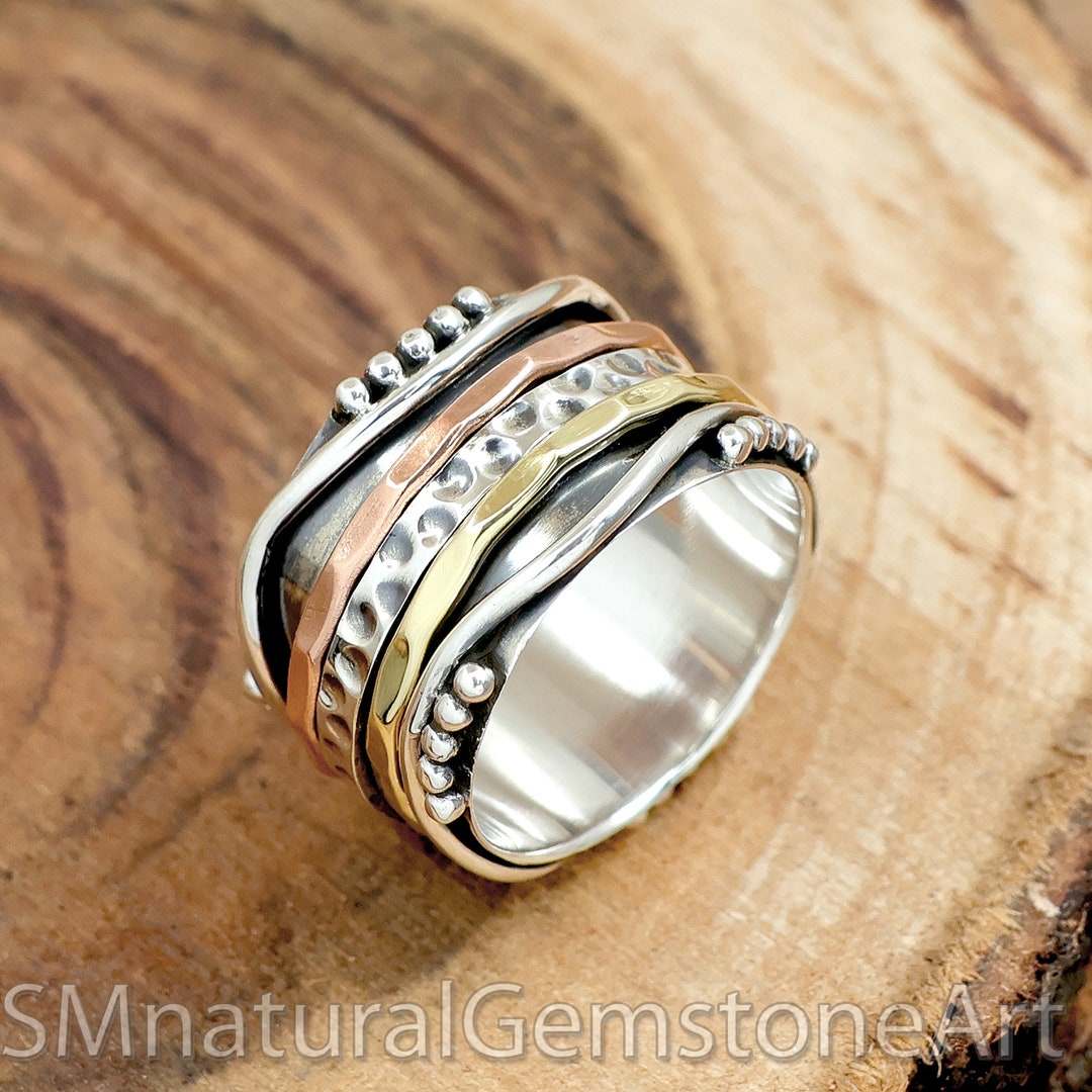 Hammered Spinner Ring, 14 Mm Wide Band Ring, Two Tone Spinner Ring ...