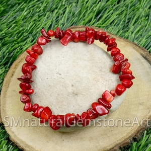 Red Coral Chips Beaded Bracelet, Stretch Bracelet, Uncut Red Coral ...