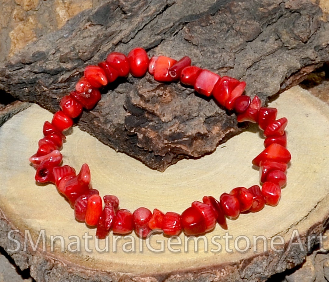 Red Coral Chips Beaded Bracelet, Stretch Bracelet, Uncut Red Coral ...
