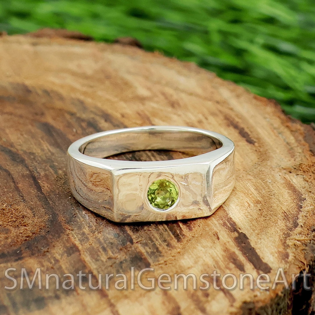 Natural Peridot Men's Ring, Rectangle Bar 925 Sterling Silver Men's ...