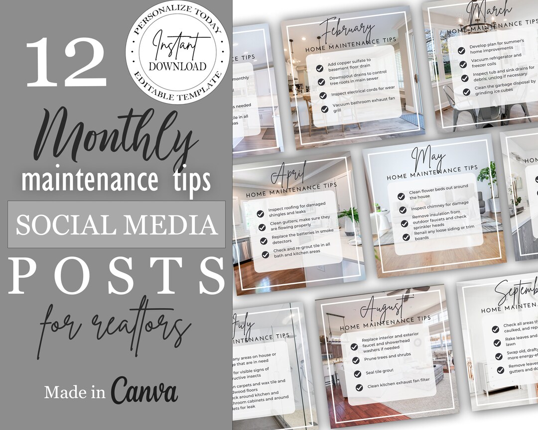Monthly Maintenance Tips Posts for Realtors, 12 Monthly Social Media ...