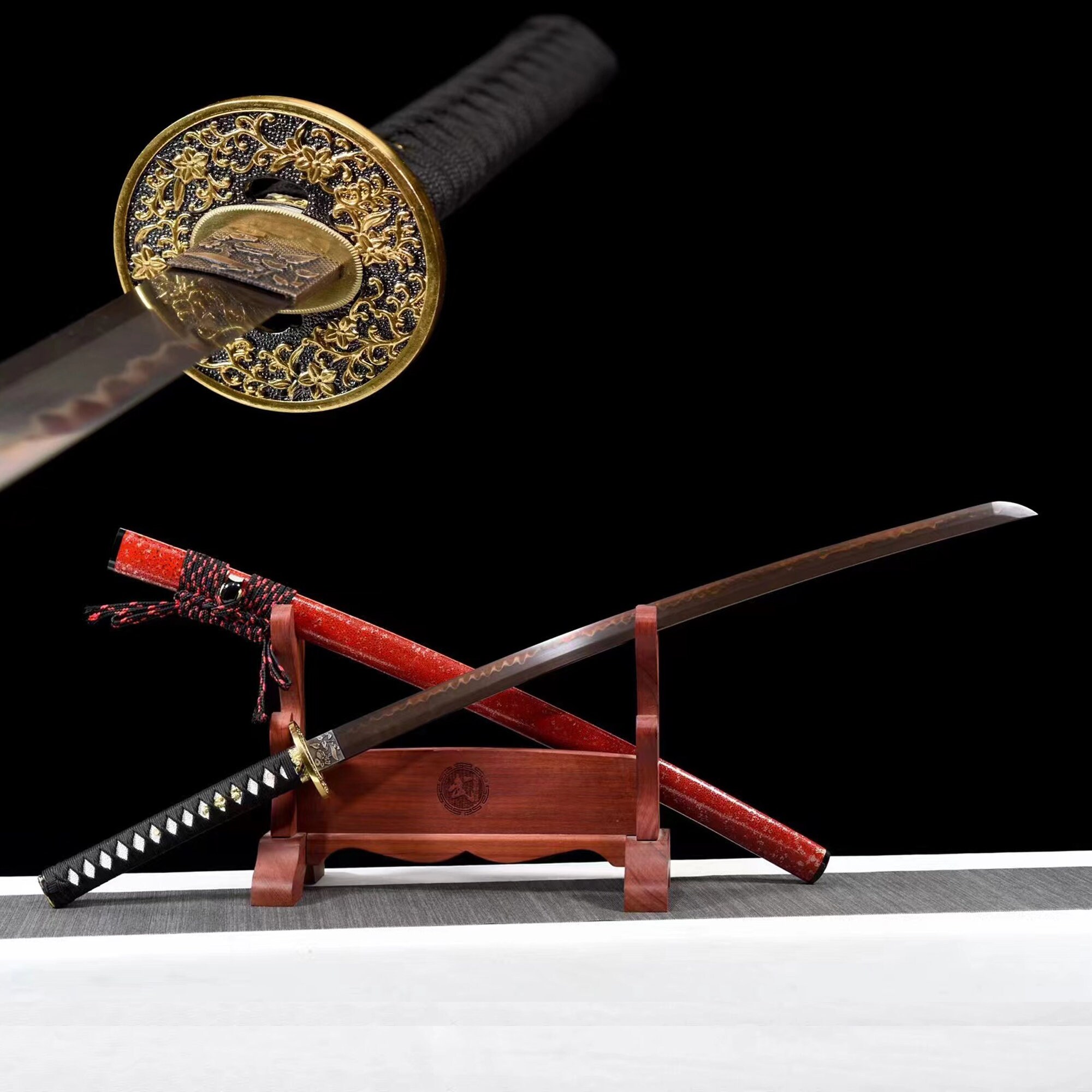 Hand-forged Japanese Samurai Sword Red Katana Full Tang Manganese Steel ...