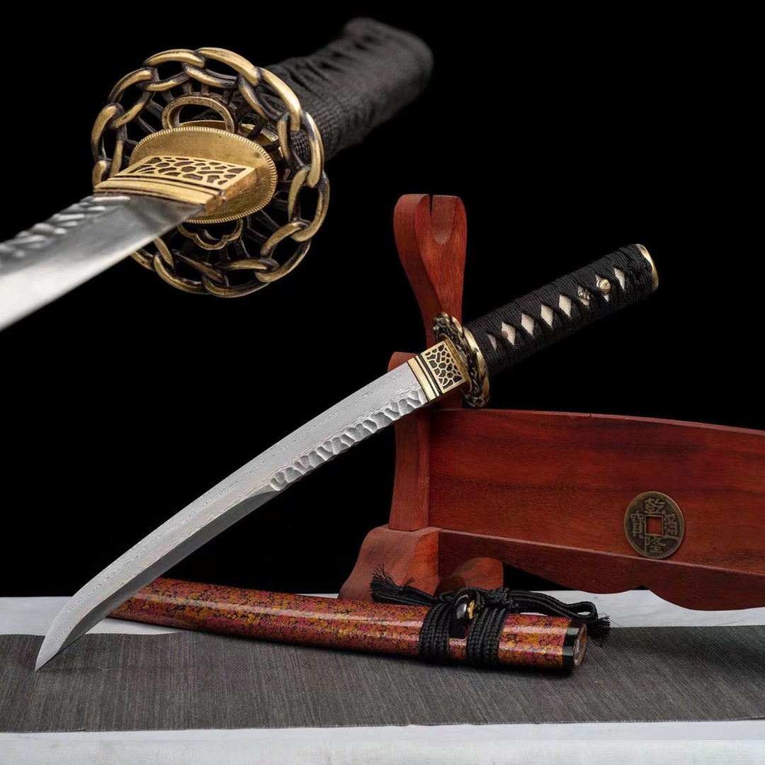 Short Japanese Samurai Sword Damascus Steel Katana Sword All Tang Fine ...