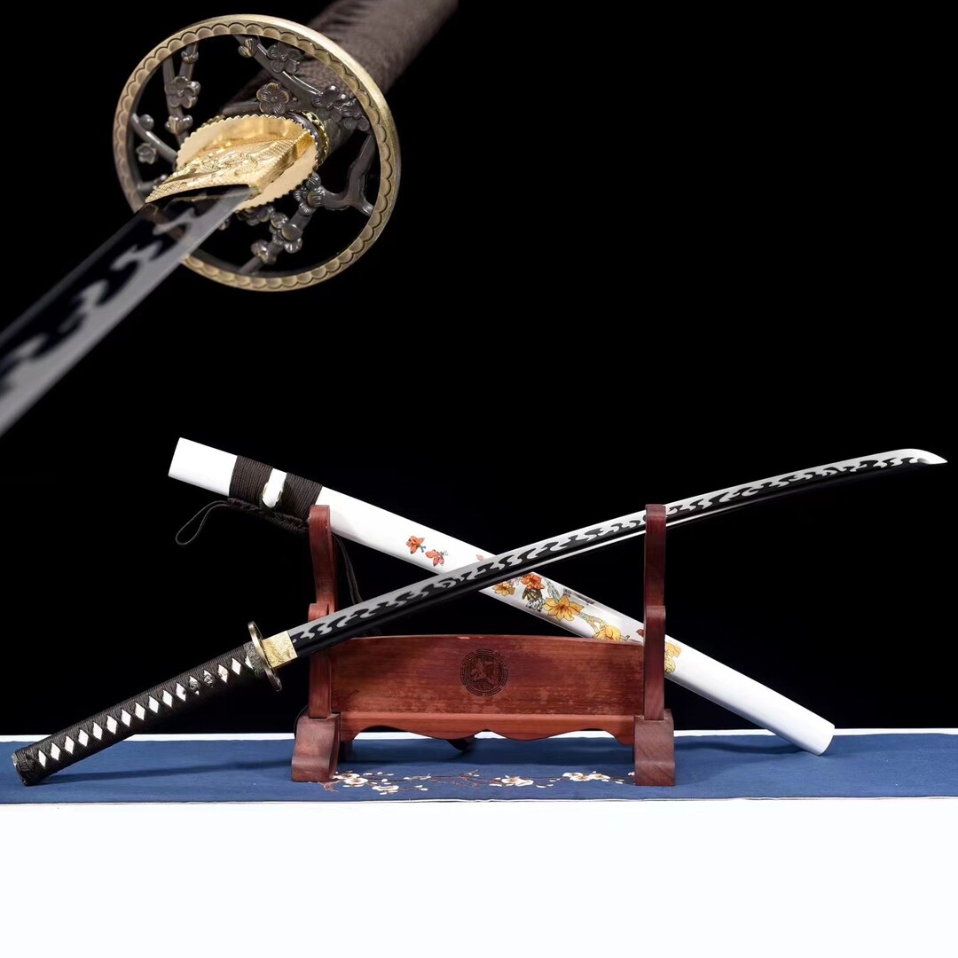 Hand-forged Katana Sword Full Tang Samurai Sword 1090 Steel Black Blade ...