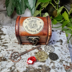 Wizarding Bank Vault Key Coins & Mini Sorcerer's Stone Wood Trunk ...