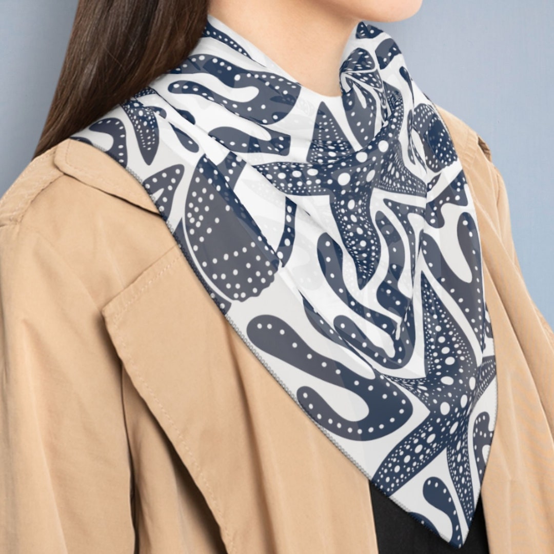 Starfish and Seashell Chiffon Scarf, Blue and White Sheer Scarf ...