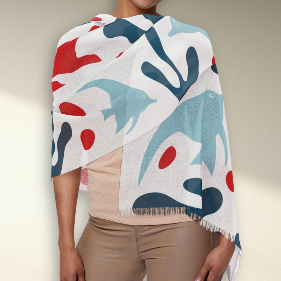 Light Scarf With Fish and Coral Design, Soft, Transparent, Polyester ...