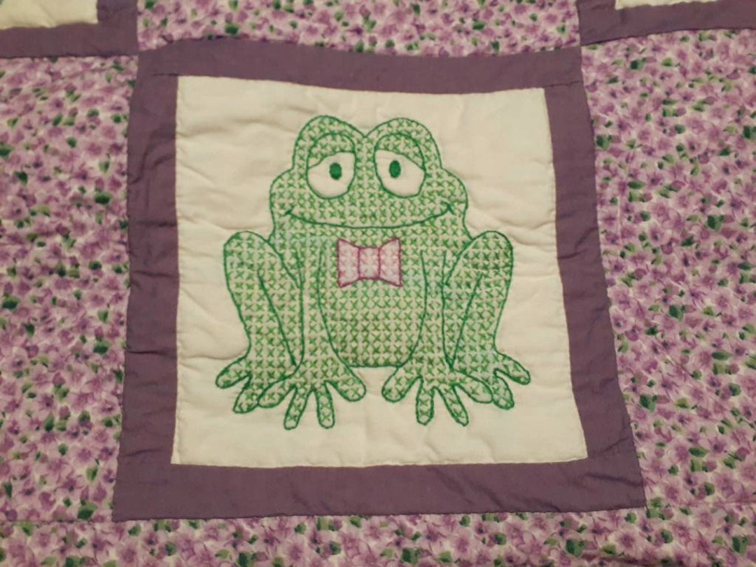 Hand-embroidered, Hand-pieced, Hand-quilted Frog in Bowties Quilt 52 X ...