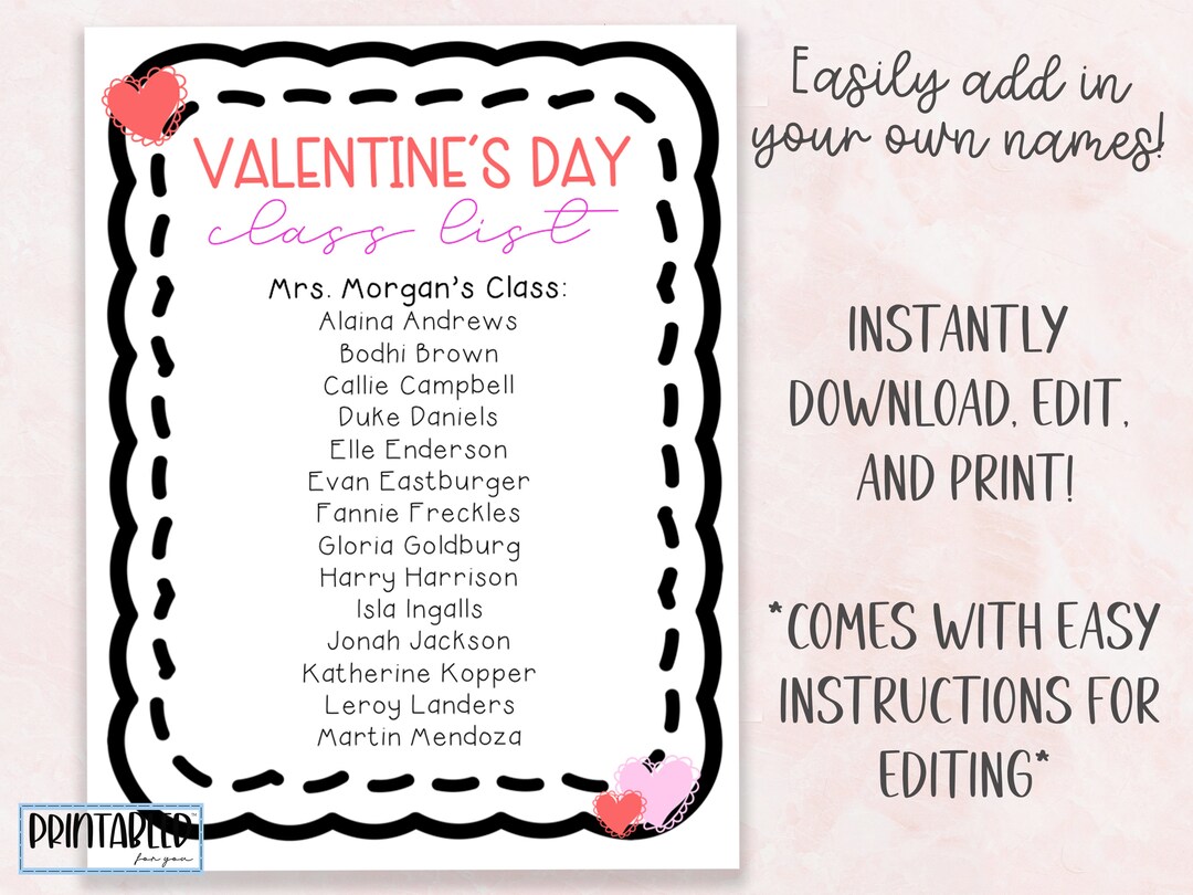 Editable Valentine's Day Class List Instant Download and Printable - Etsy