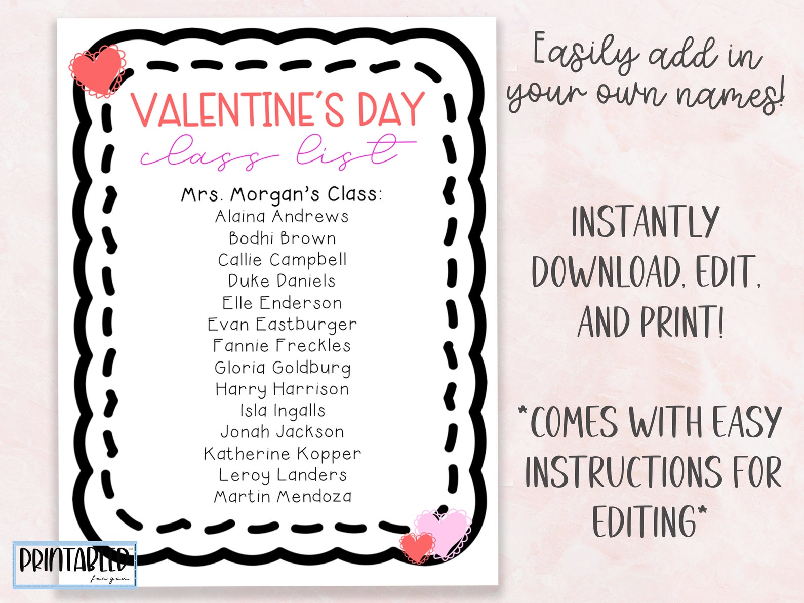 Editable Valentine's Day Class List Instant Download and Printable - Etsy