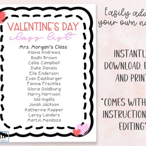 Editable Valentine's Day Class List Instant Download and Printable - Etsy